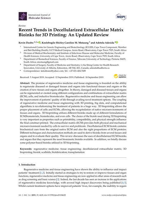 Pdf Recent Trends In Decellularized Extracellular Matrix Bioinks For 3d Printing An Updated