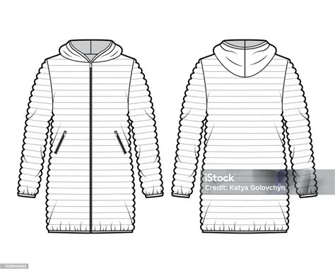 롱 슬리브 후드 칼라 포켓 오버사이즈 힙 길이가 있는 다운 퍼퍼 코트 재킷 테크니컬 패션 일러스트 0명에 대한 스톡 벡터 아트 및 기타 이미지 Istock