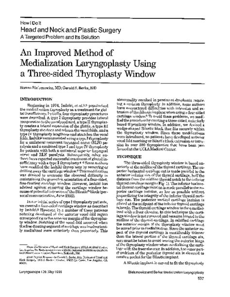 Pdf An Improved Method Of Medialization Laryngoplasty Using A Three