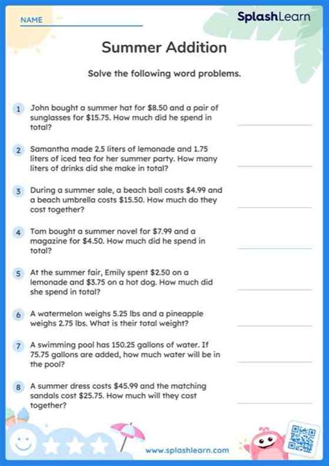 Add Decimal Numbers With Upto 2 Decimal Place Summer Word Problems Worksheet