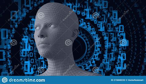 Composition Of Human Digital Head Over Blue Binary Coding Processing