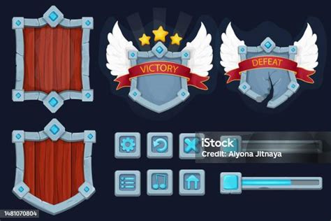 돌 방패 보석 프레임 수상 리본 게임 승리 보드 메뉴 및 배경에 격리 된 만화 스타일의 설정 아이콘을 설정합니다 매직 로얄 자산 템플릿입니다 벡터 그림 가까운에 대한 스톡