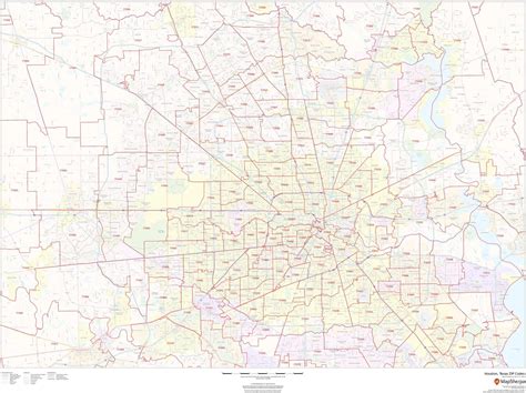 Harris County Texas Zip Codes 48 X 36 Paper Wall Map