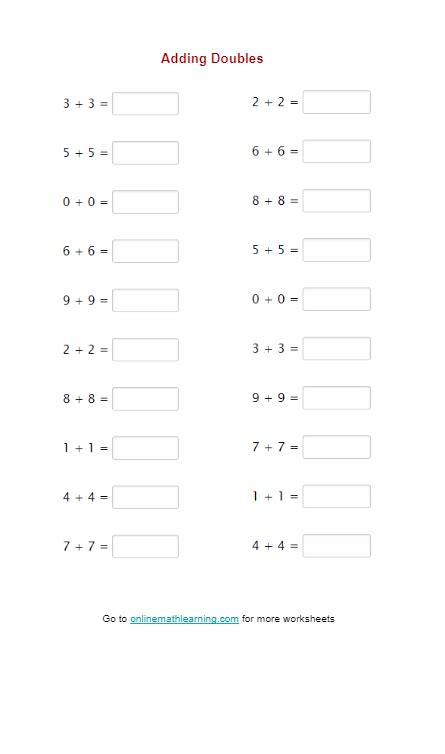 Adding Doubles Worksheets First Grade Printable