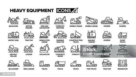 중장비 라인 아이콘 세트입니다 개체 그룹입니다 불도저 굴삭기 백호 덤프 트럭 지게차 기계 트럭 아이콘에 대한 스톡 벡터 아트 및 기타 이미지 Istock