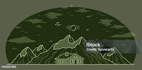 어둠 속에 있는 산 선형 벡터 자연 삽화 휴식을 위한 통나무 오두막 오두막 휴가 및 휴가 테마 라인 아트 드로잉 높은 봉우리 풍경 0명에 대한 스톡 벡터 아트 및 기타