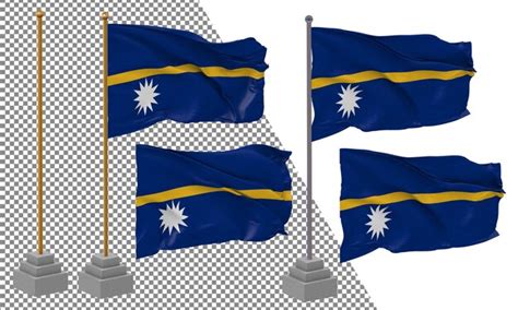 Premium Psd Nauru Flag Waving Different Style With Stand Pole Isolated 3d Rendering