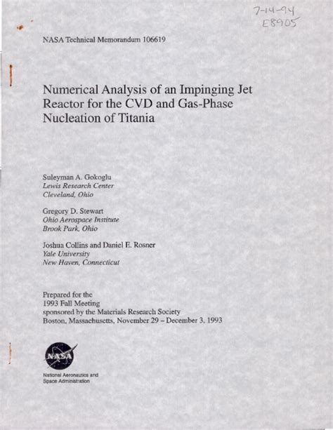 Pdf Numerical Analysis Of An Impinging Jet Reactor For The Cvd And Gas Phase Nucleation Of Titania