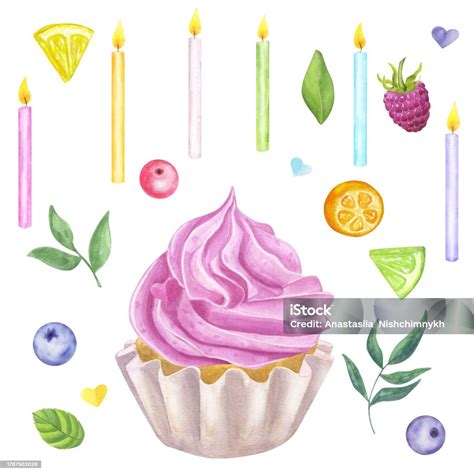 핑크 달콤한 휘핑 크림을 곁들인 머핀 베리류 감귤류 초콜릿 잎 컬렉션 무지개 컵 케이크 손으로 그린 수채화 그림 고립 된 배경입니다 음식 클립 아트 감귤에 대한 스톡 벡터