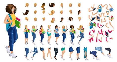 Isometric Cartoon People D Set For Creating Girl Babe Person Full Length Gestures Isolated
