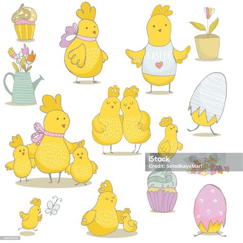 봄 부활절 클립 아트입니다 엄마 닭 계란 컵 케이크 급수 할 수 있다 귀여운 병아리 격리입니다 손으로 그린된 벡터 일러스트 레이 션 0명에 대한 스톡 벡터 아트 및 기타