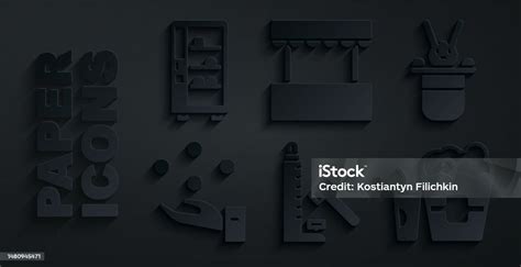 망치 마술사 모자와 토끼 저글링 공 팝콘 상자 유리 매표소 및 자동 판매기 아이콘으로 스트라이커 어트랙션을 설정하십시오 벡터 3차원 형태에 대한 스톡 벡터 아트 및 기타
