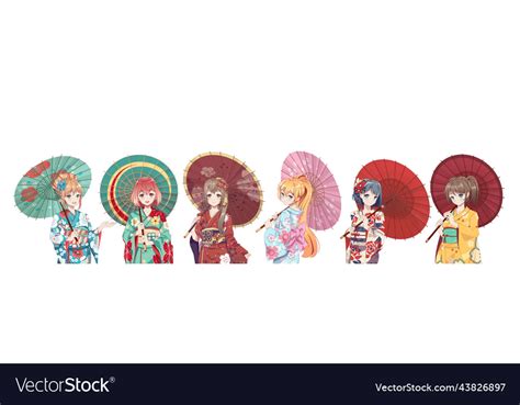 Group Of Anime Manga Girls In Kimono Holding Vector Image