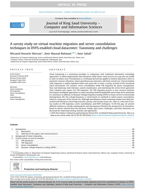 PDF A Survey Study On Virtual Machine Migration And Server Consolidation Techniques In DVFS