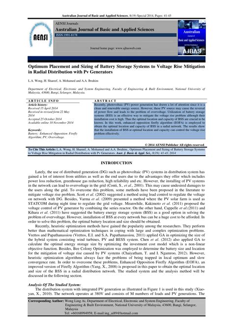Pdf Optimum Placement And Sizing Of Battery Storage Systems To Voltage Rise Mitigation In