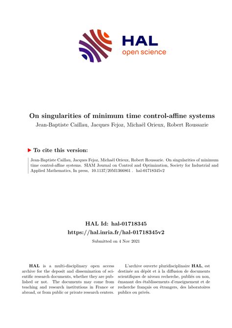 Pdf On Singularities Of Minimum Time Control Affine Systems