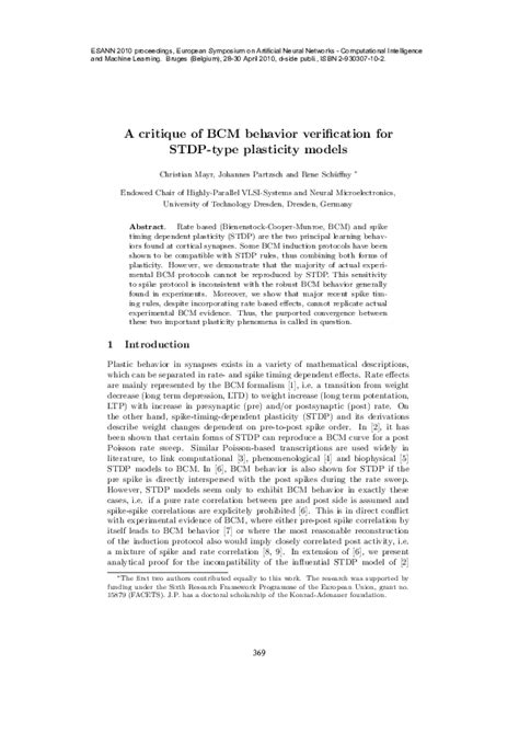 Pdf A Critique Of Bcm Behaviour Verification For Stdp Type Plasticity