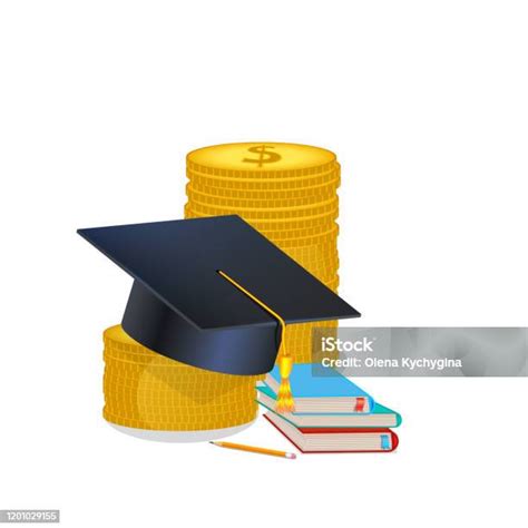 장학금 개념 교육 대출 지식 투자 책 졸업 모자와 동전의 스택 비용 절감 연구 비용 또는 수수료 플랫 스타일의 벡터 그림입니다 교육에 대한 스톡 벡터 아트 및 기타 이미지