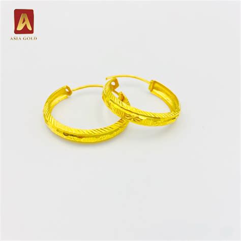 Asiagold ต่างหูทองคำแท้ 96 5 หนัก 1 สลึง ลายห่วงใหญ่จิกเพชร Asia Gold