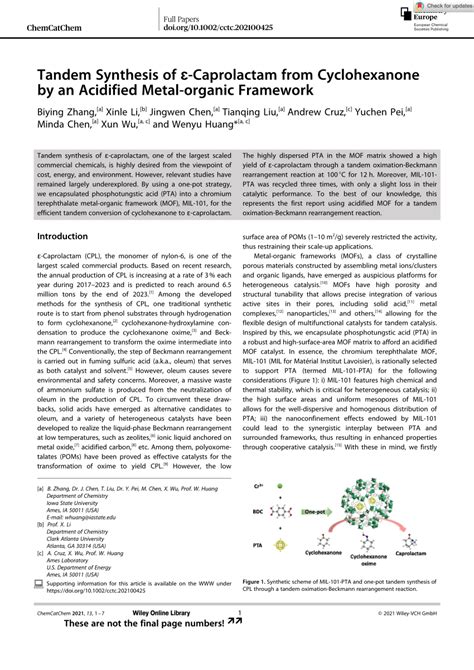 Pdf Tandem Synthesis Of ϵ‐caprolactam From Cyclohexanone By An Acidified Metal‐organic Framework