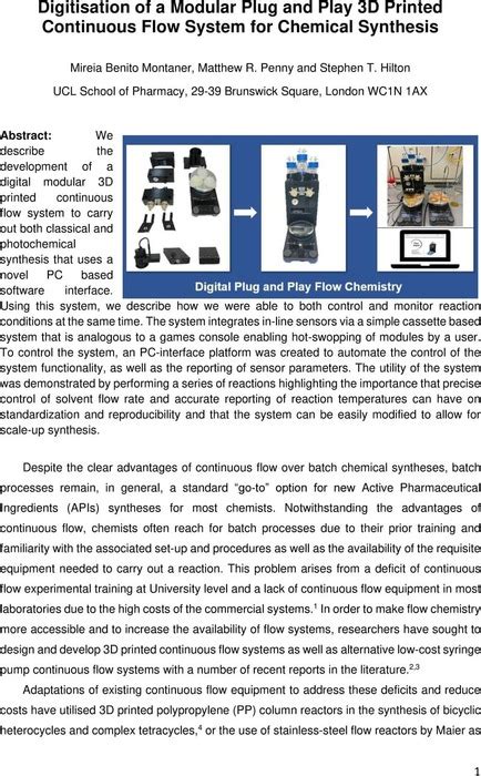 Digitisation Of A Modular Plug And Play 3d Printed Continuous Flow System For Chemical Synthesis