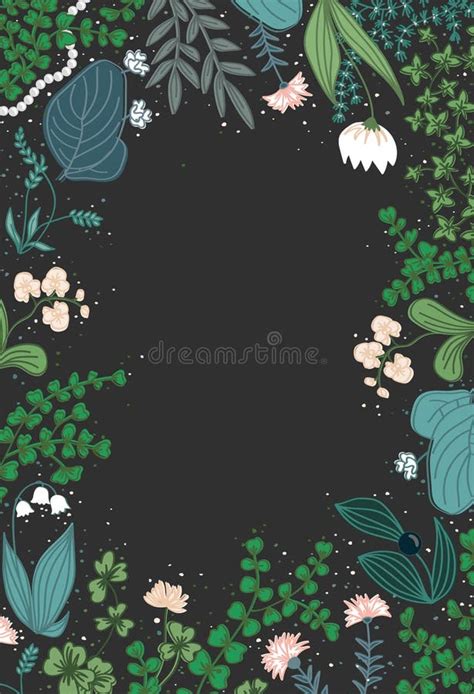 Vintage Vertical Frame With Cute Wild Flowers And Herbs Colorful Floral Dark Background Vector