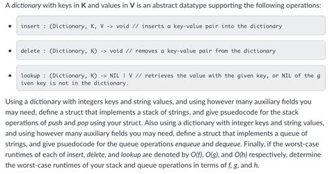 a dictionary with keys in k and values in v is an