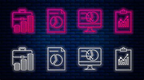 Set Line Document With Graph Chart Computer Monitor With Graph Chart Briefcase And Coin And