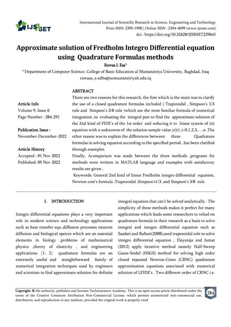 Pdf Approximate Solution Of Fredholm Integro Differential Equation Using Quadrature Formulas