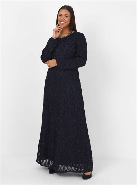 Dark Navy Blue Fully Lined Crew Neck Modest Plus Size Evening Dress