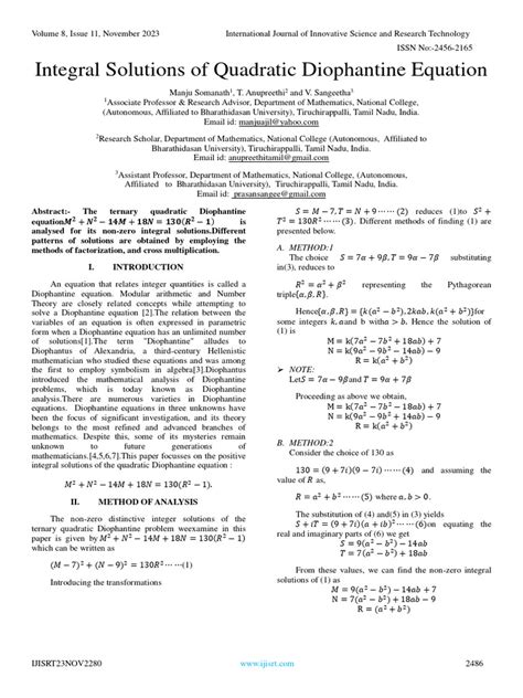 Integral Solutions Of Quadratic Diophantine Equation Pdf Equations Mathematical Objects