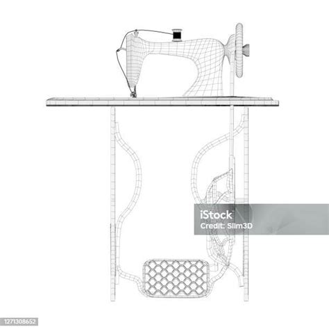 흰색 배경에 검은 라인으로 만든 장식 빈티지 재봉틀의 와이어 프레임 회전 메커니즘이 있는 수동 재봉틀 측면 보기입니다 3d 벡터 일러스트레이션 3차원 형태에 대한 스톡 벡터
