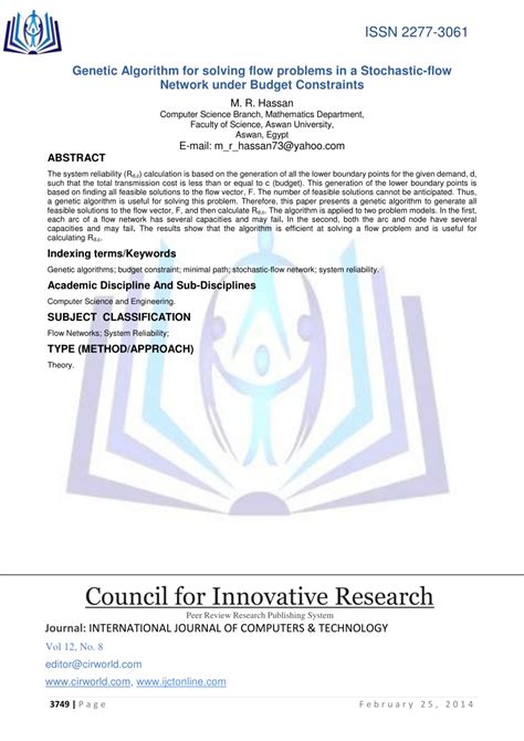 Pdf Genetic Algorithm For Solving Flow Problems In A Stochastic Flow Network Under Budget