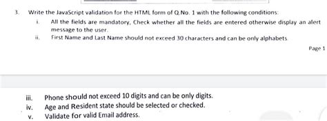 Solved 3 Write The Javascript Validation For The Html Form