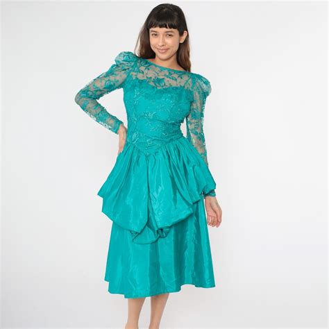 80s Party Dress Teal Taffeta Lace Dress Sheer Puff Sleeve Peplum Bow