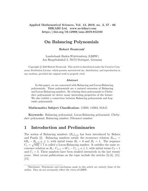 Pdf On Balancing Polynomials