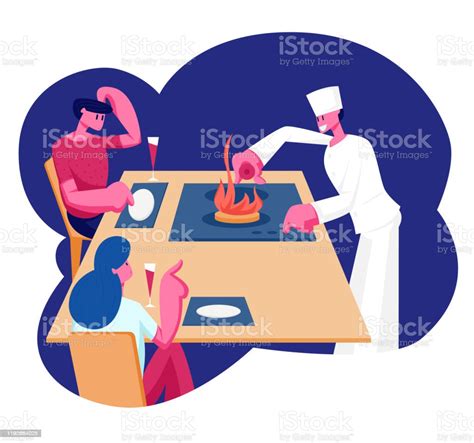 접시에 불타는 화재와 흰색 유니폼 요리 접시에 요리사에보고 빈 요리와 레스토랑 테이블에 앉아 젊은 부부 사람들은 데이트를 위해 카페를 방문합니다 만화 플랫 벡터 일러스트