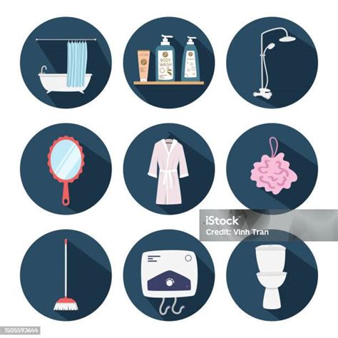 긴 그림자가 있는 욕실 평면 아이콘의 벡터 집합입니다 욕조 로션 샴푸 샤워 거울 목욕 가운 온수기 화장실 평면 그림 욕실 화장실 개인 위생 개념 샤워기에 대한 스톡 벡터