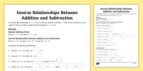 Inverse Relationships Between Addition And Subtraction Worksheet Worksheet