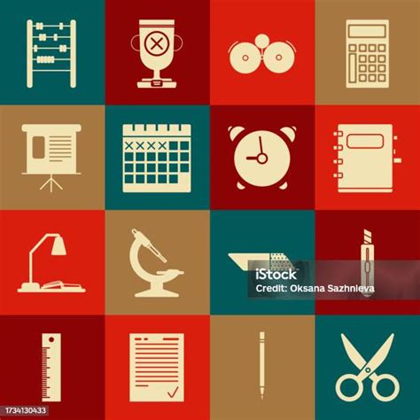 가위 문구 칼 노트북 울리는 알람 벨 달력 그래프 일정 차트 다이어그램 인포그래픽 파이 그래프 주판 및 알람 시계 아이콘이 있는 프레젠테이션 금융 보드를 설정합니다 벡터