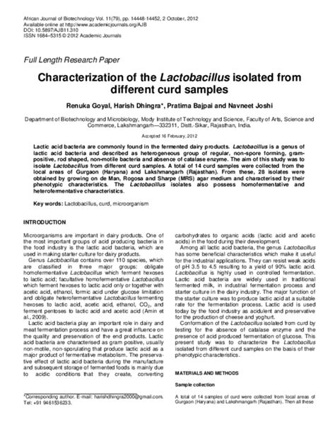 Pdf Characterization Of The Lactobacillus Isolated From Different