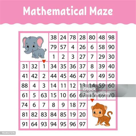 수학 미로 아이 들을 위한 게임 재미 미로 교육 워크시트 개발 활동 페이지 아이 들을 위한 퍼즐 만화 스타일입니다 유치원에 대 한 수수께끼 논리적 수수께끼 색 벡터 일러스트
