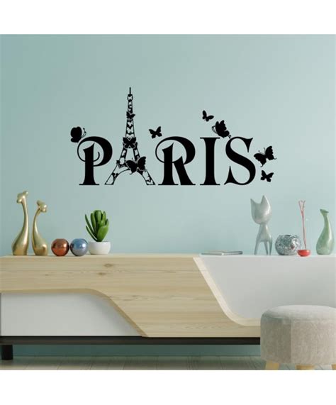 Стикер за стена с надпис Париж Айфеловата кула и стилизирани пеперуди —