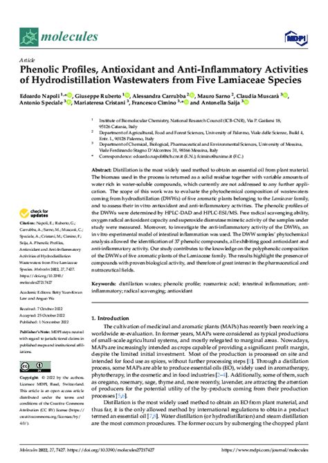 Pdf Phenolic Profiles Antioxidant And Anti Inflammatory Activities