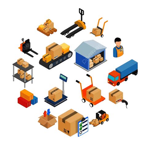 흰색 배경에 아이소메트릭 3d 스타일로 설정된 창고 물류 저장 아이콘 기계 화물 판지 상자 Png 일러스트 및 벡터 에 대한 무료 다운로드 Pngtree