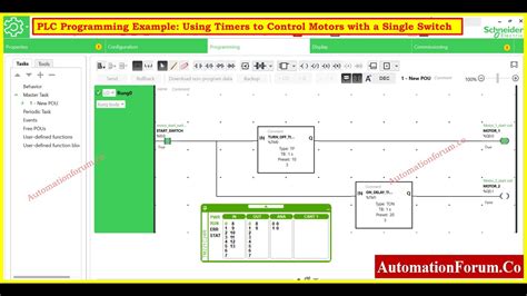 Plc Programming Example Using Timers To Control Motors With A Single Switch Youtube