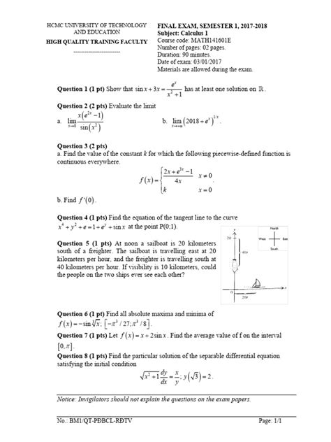 2 Calculus Final Test 2017 2018 Semester 1 Pdf Derivative Differential Equations