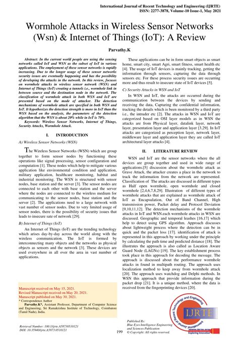 Pdf Wormhole Attacks In Wireless Sensor Networks Wsn And Internet Of Things Iot A Review
