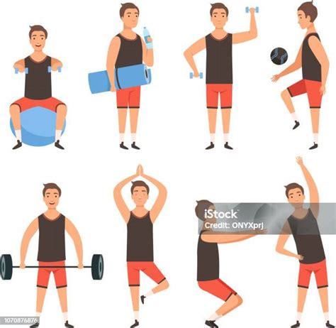 체육 스포츠 남자입니다 체육관 남성 피트 니스 문자 서 액션에서 포즈 운동 훈련 벡터 마스코트 강사에 대한 스톡 벡터 아트 및 기타 이미지 Istock