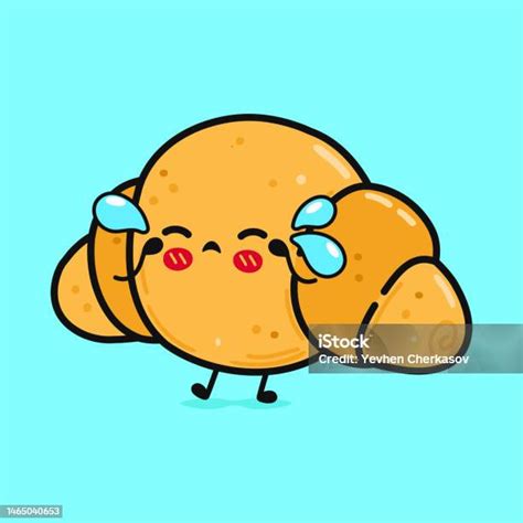 귀여운 우는 크루아상 캐릭터 벡터 손으로 그린 만화 Kawaii 캐릭터 그림 아이콘입니다 파란색 배경에 격리되어 있습니다 슬픈 크로와상 캐릭터 컨셉 0명에 대한 스톡 벡터